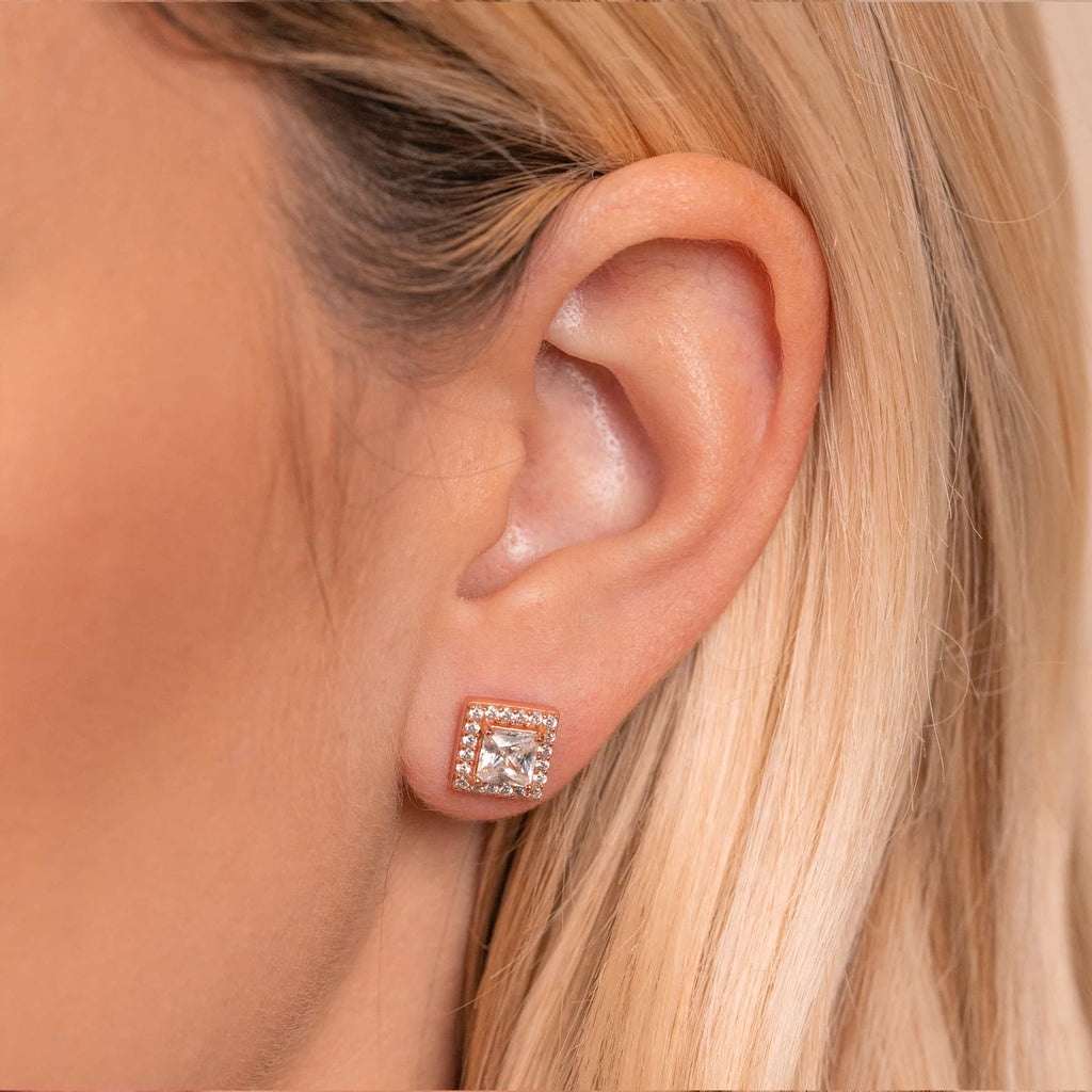 The Arya Rose Gold Princess Cut Halo Earrings – Modern Gents